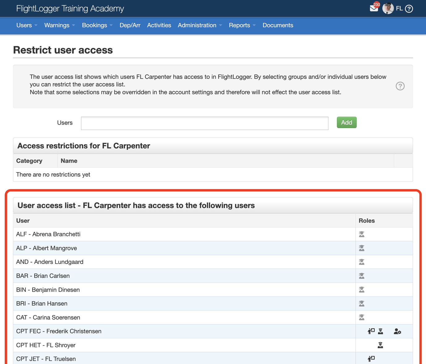Restricting user access for individual users