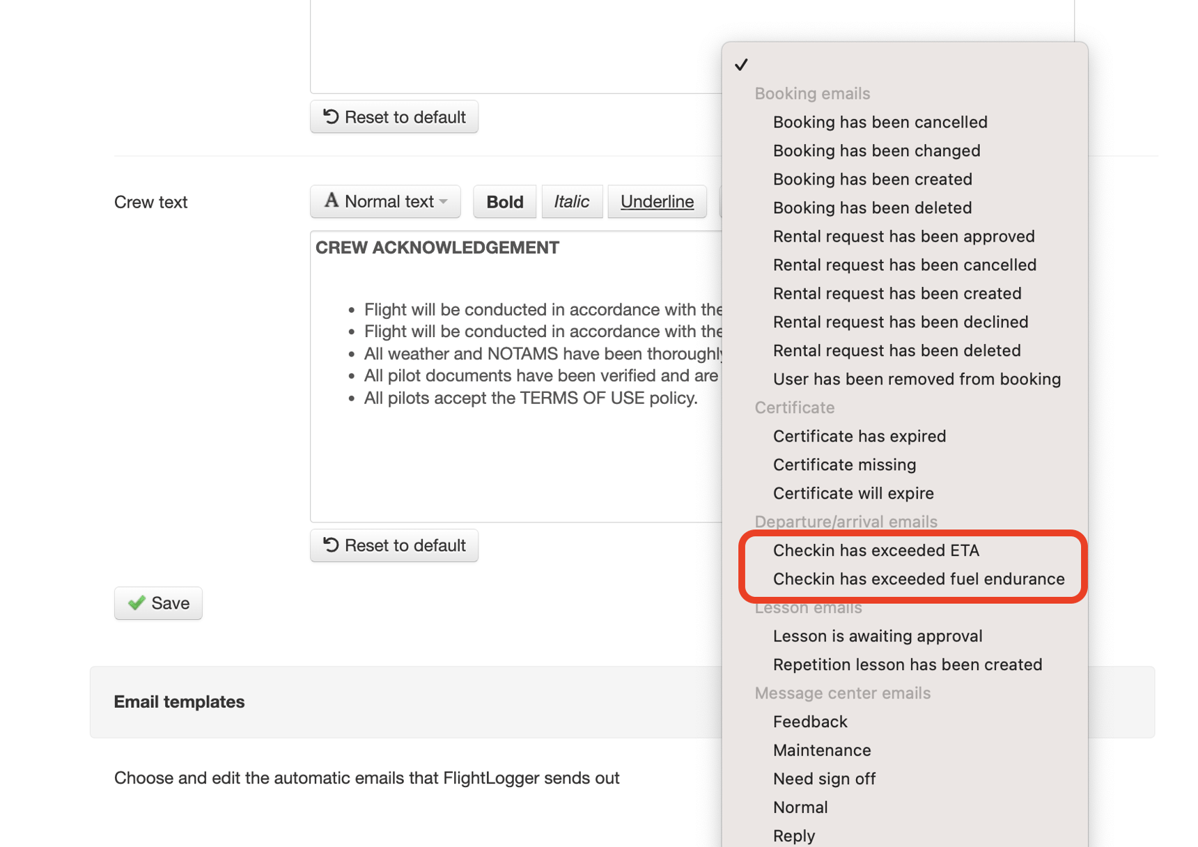 Setting up warnings (ETA and fuel endurance) on live flights