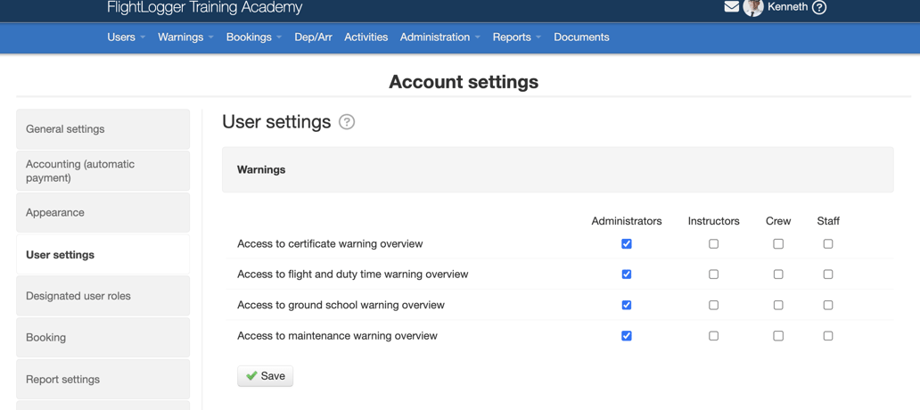 Configuring access to warnings