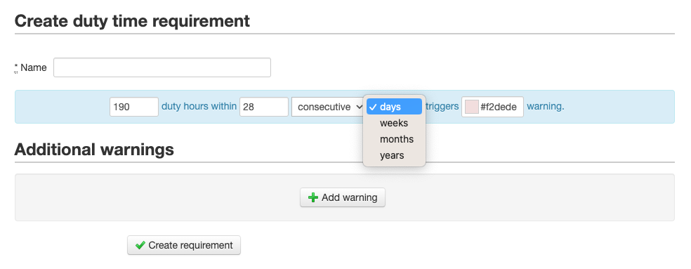 Setting up and assigning flight time and duty time limitation requirements