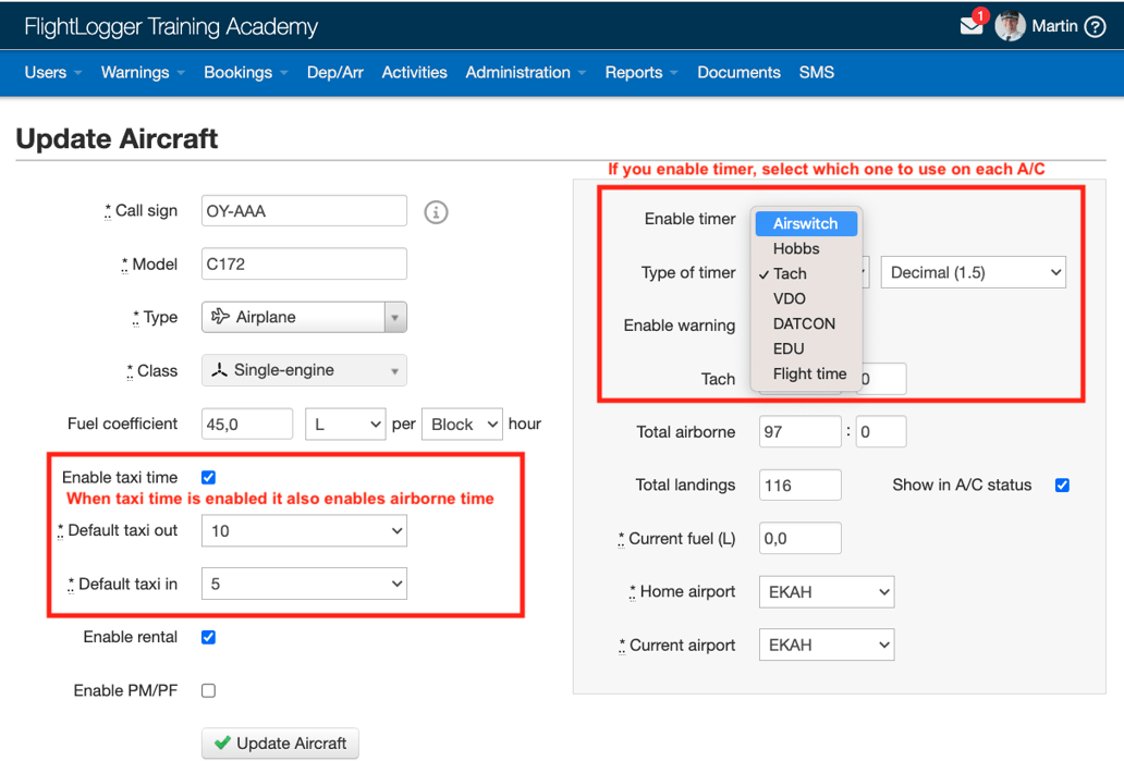 Aircraft time tracking in FlightLogger