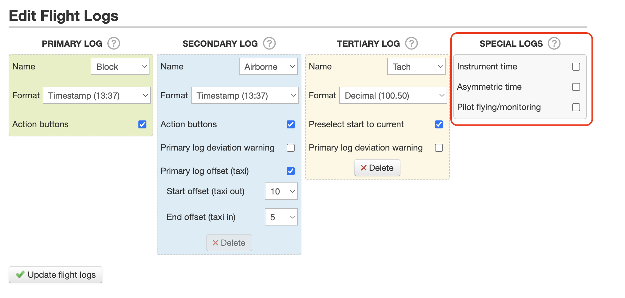 Customizable flight logs - special logs